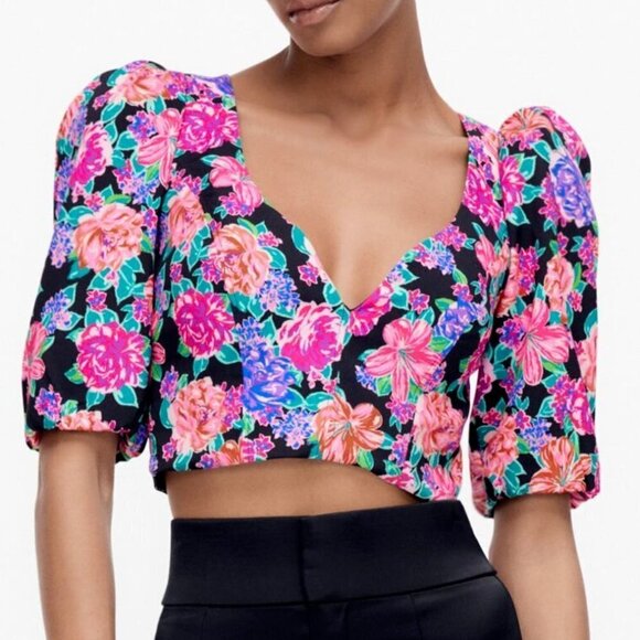Zara | Tops | Nwt Colourful Floral Pink Blue Puff Sleeve Cropped Top Xs ...